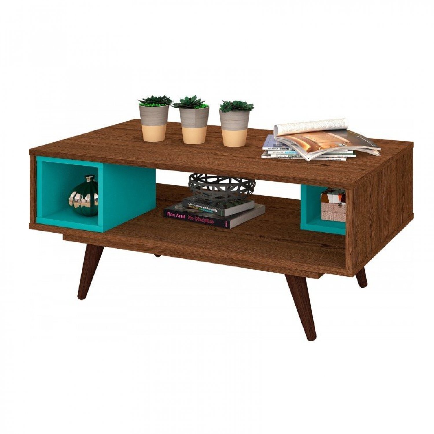 Mesa de Centro Retangular Retrô 45 Olivar Rustik Carvalho/Turquesa ...