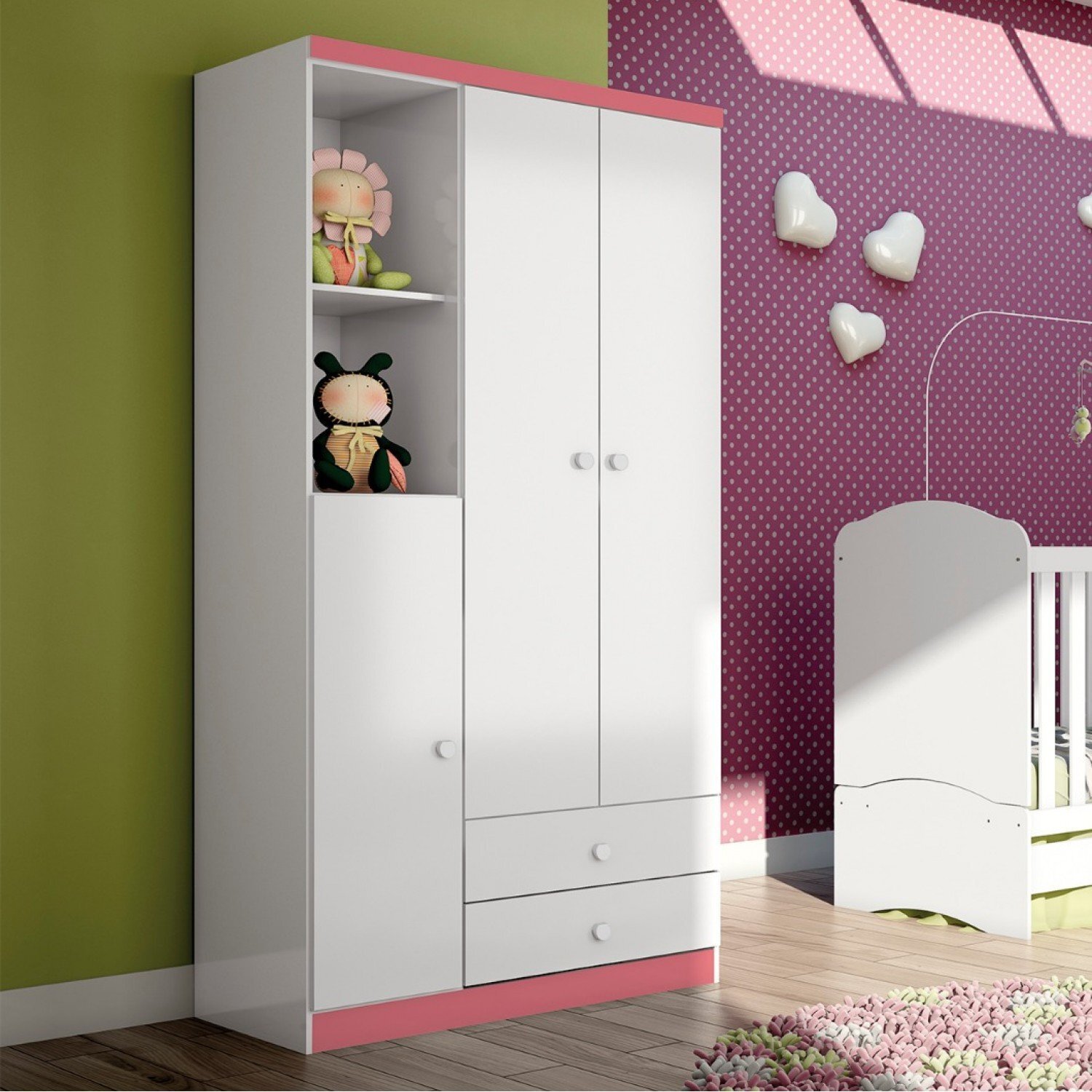 Guarda Roupa de Bebê 3 Portas 2 Gavetas e Nicho Bala de Menta Flex ...