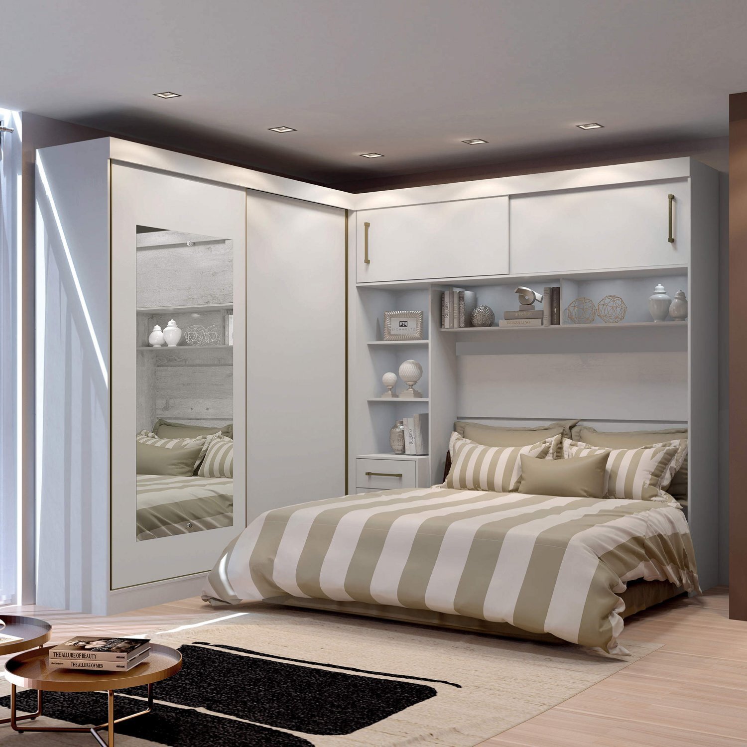 Guarda Roupa Casal com Cabeceira Queen e Espelho 4 Portas de Correr 3 ...