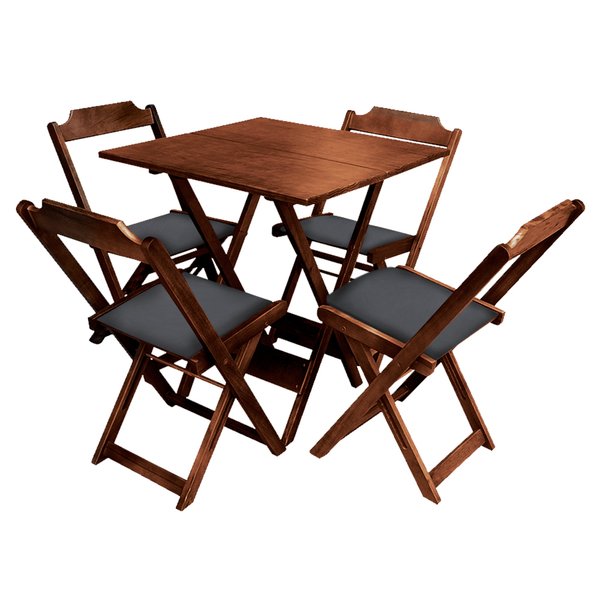 Jogo De Mesa Dobravel De Madeira 60x60 Com 4 Cadeiras Imbuia Estofado Preto | MadeiraMadeira