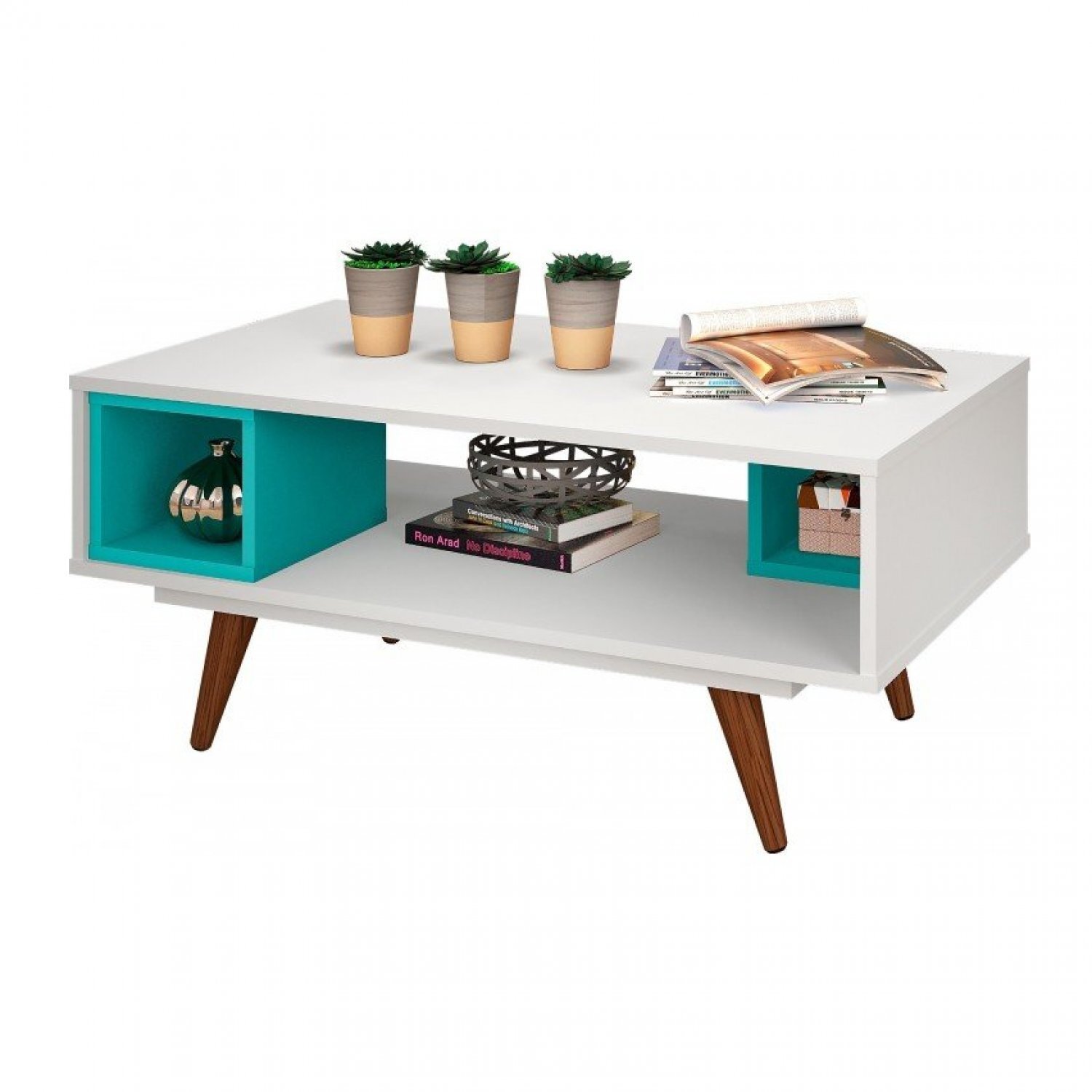 Mesa de Centro Retangular Retrô 45 Olivar Branco/Turquesa - MadeiraMadeira