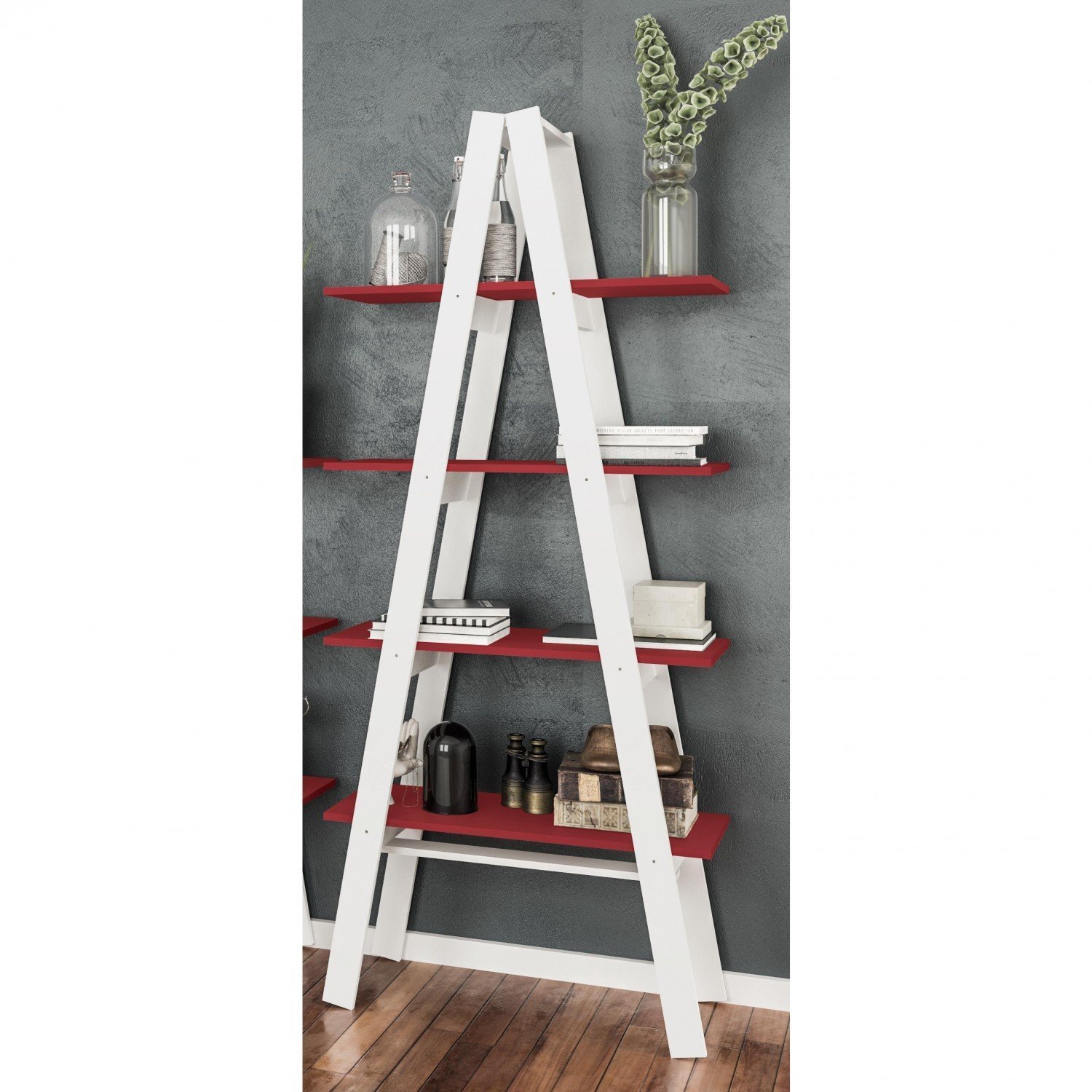 Estante Escada 4 Prateleiras RT3048 Moderno Movelbento Branco/Vermelho ...