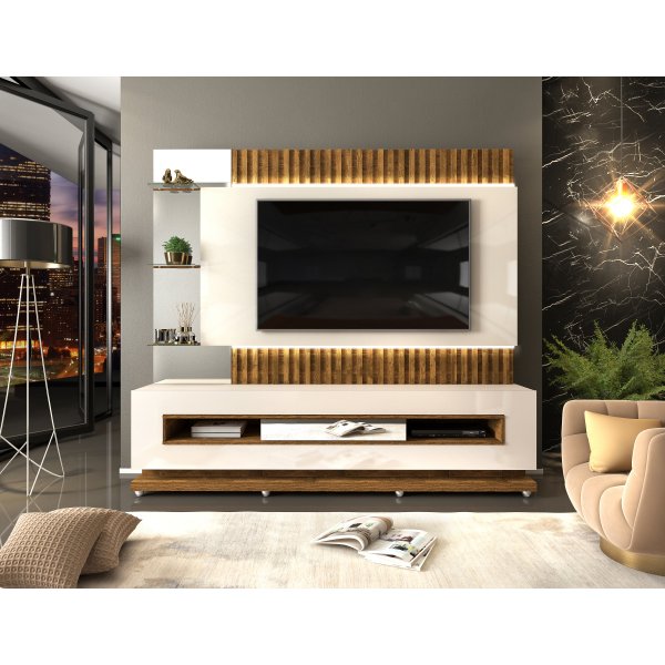 Estante Home para Tv 60" Lumus Creme / Tronco Ripado com LED 100% MDF ...
