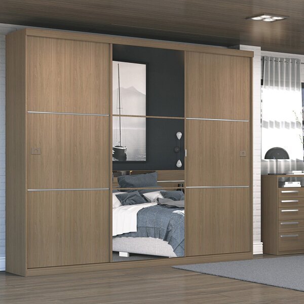Guarda Roupa Casal com Espelho 3 Portas de Correr S743 Kappesberg Nature - MadeiraMadeira