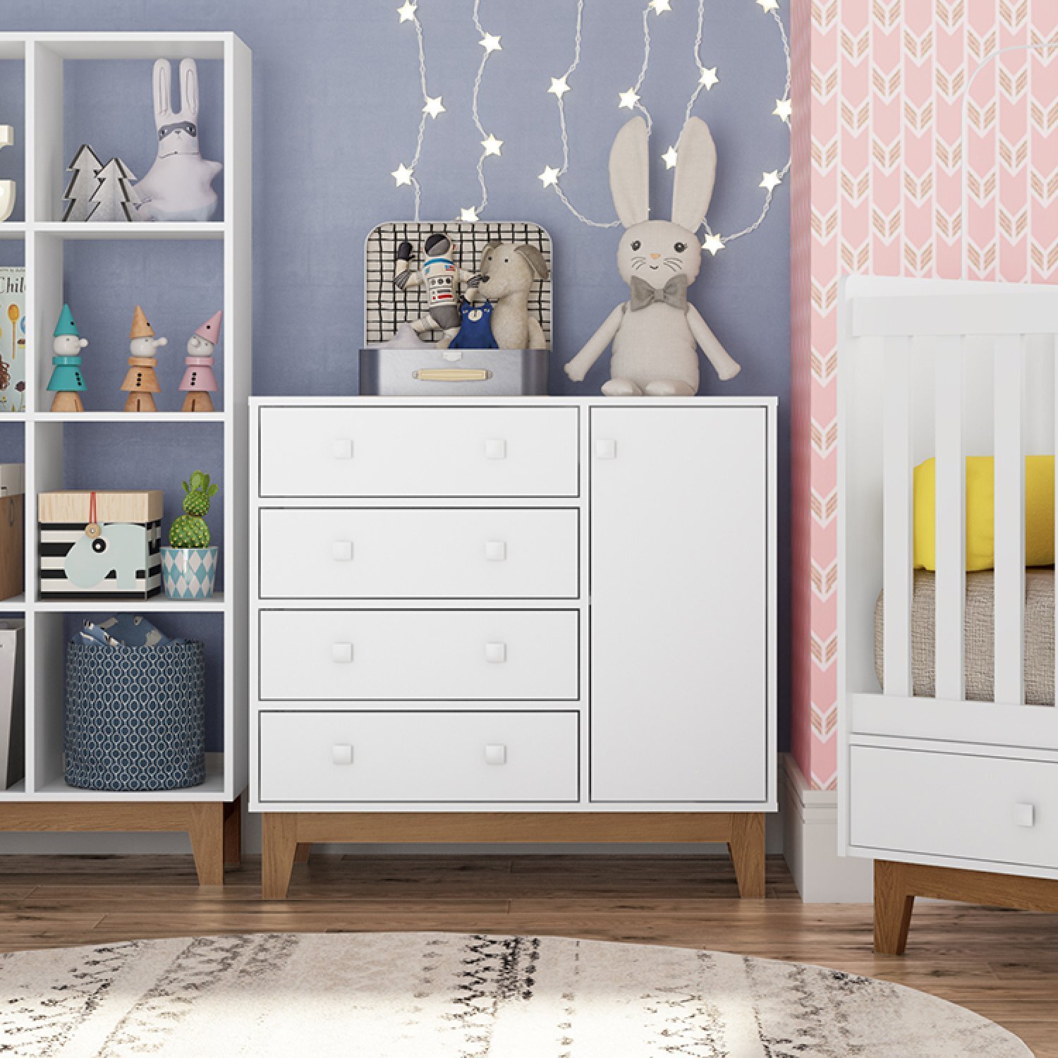 Cômoda Infantil 1 Porta 4 Gavetas Retrô Completa Móveis Branco/Inhotin ...