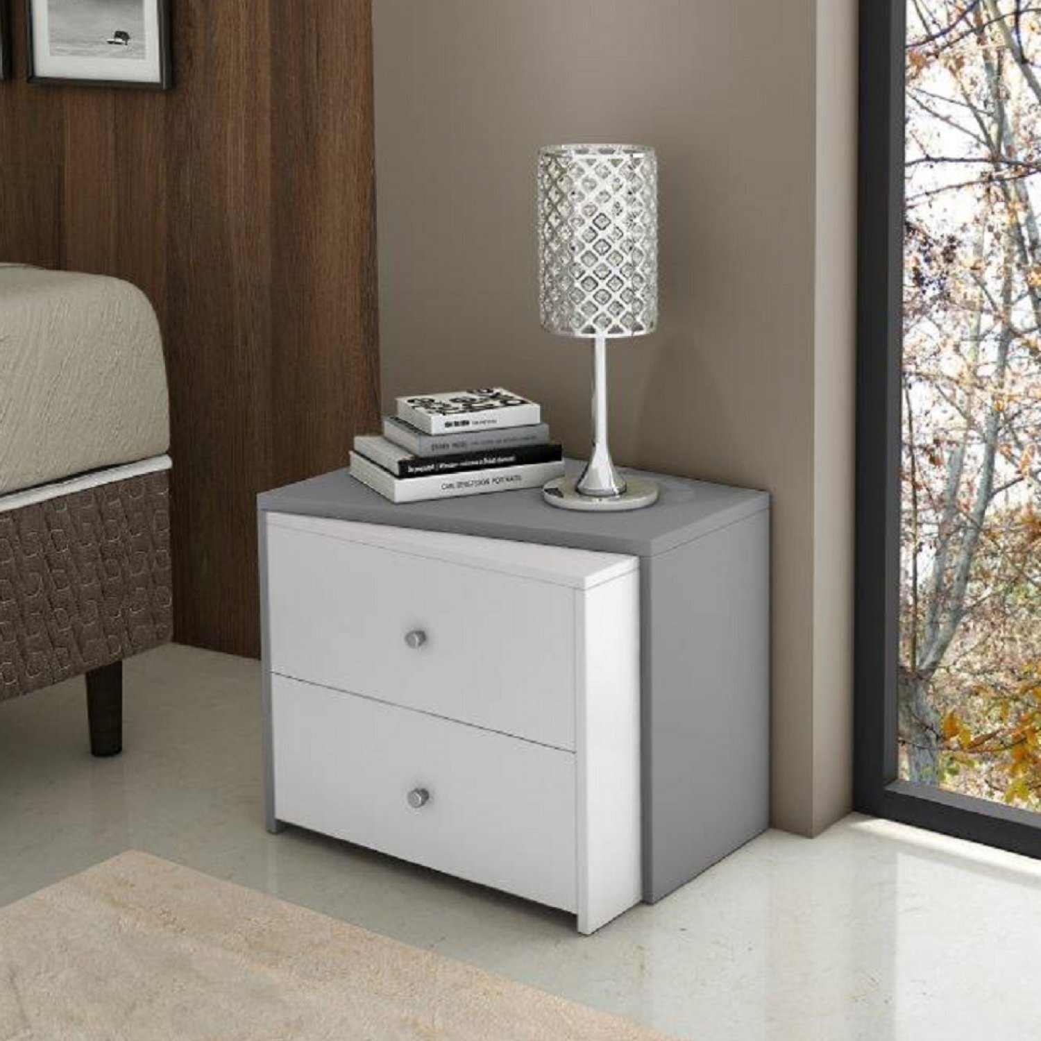 Criado Mudo 2 Gavetas Granada Siena Móveis Cinza/Branco | MadeiraMadeira