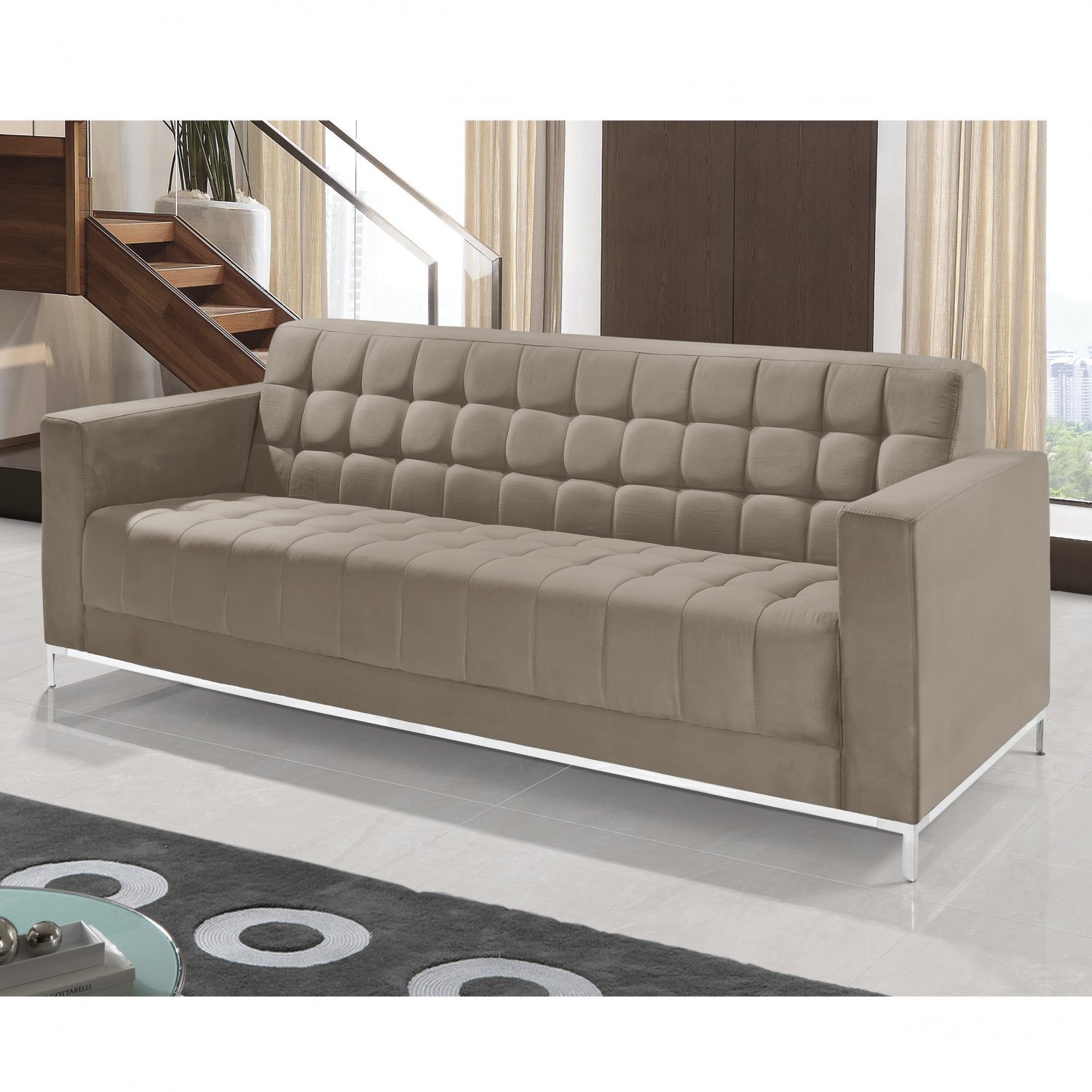 Sofá 4 Lugares em Veludo Liso Classic 220cm Império Estofados Chumbo | MadeiraMadeira