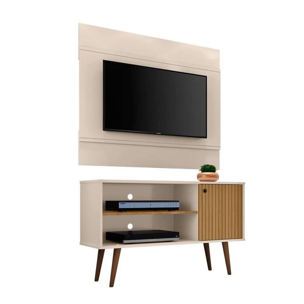 Conjunto Rack com Painel para TV até 42 Polegadas Jade Móveis Bechara Off White/Cinamomo/Ripado ...