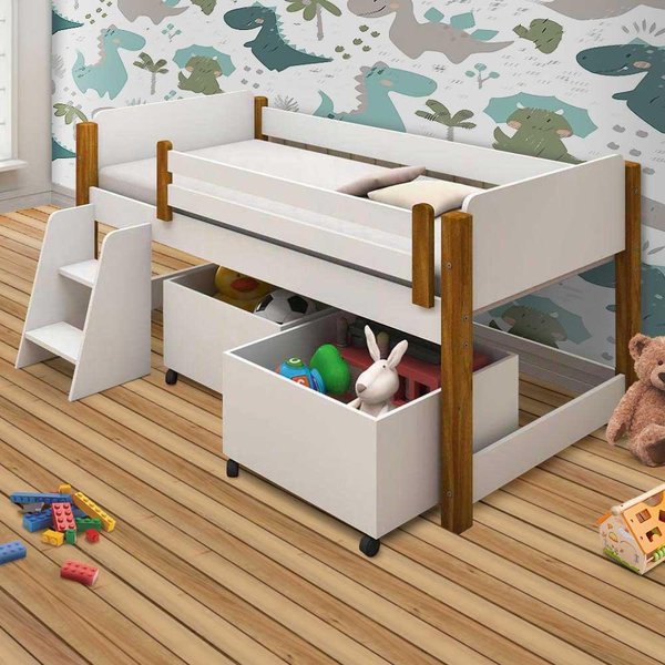 Cama Infantil com Baú e Escada Carol Branco/Amendoa Branco | MadeiraMadeira
