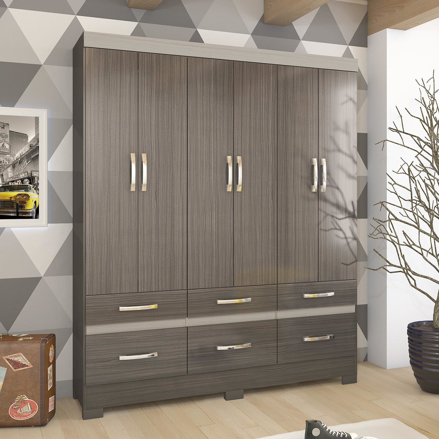 Guarda Roupa Casal 6 Portas 6 Gavetas Briz Henn Gris/Palha | MadeiraMadeira