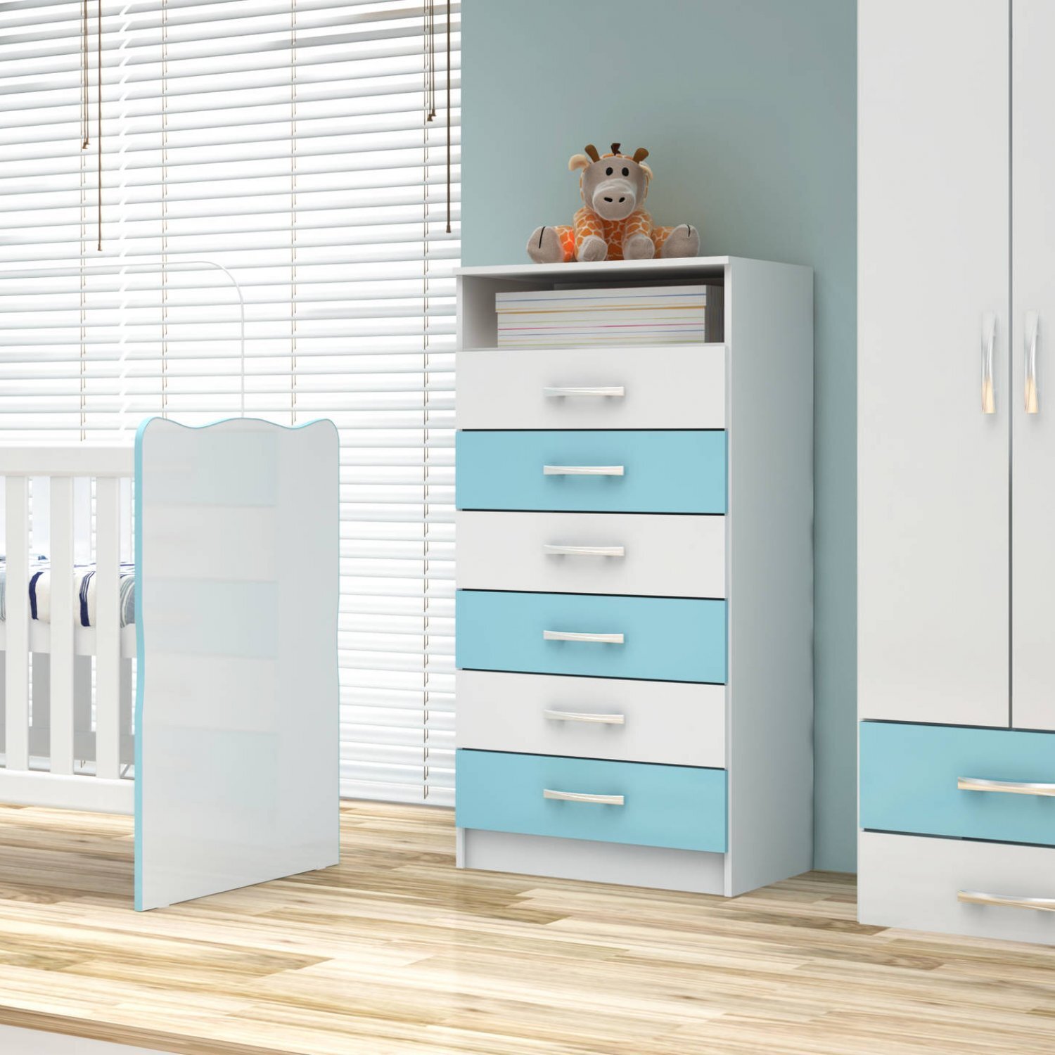 Cômoda Rack 6 Gavetas 1 Nicho Maxi Evidência Móveis Azul/Branco ...