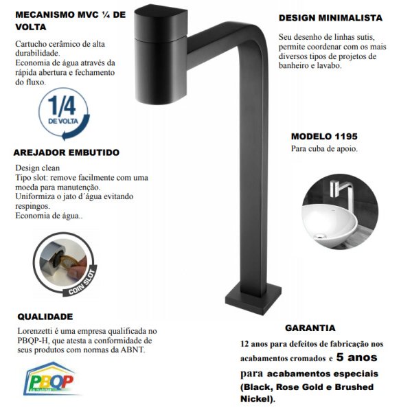 Torneira Para Cuba Apoio Loren Code Black 1195 B55 Lorenzetti Preto ...