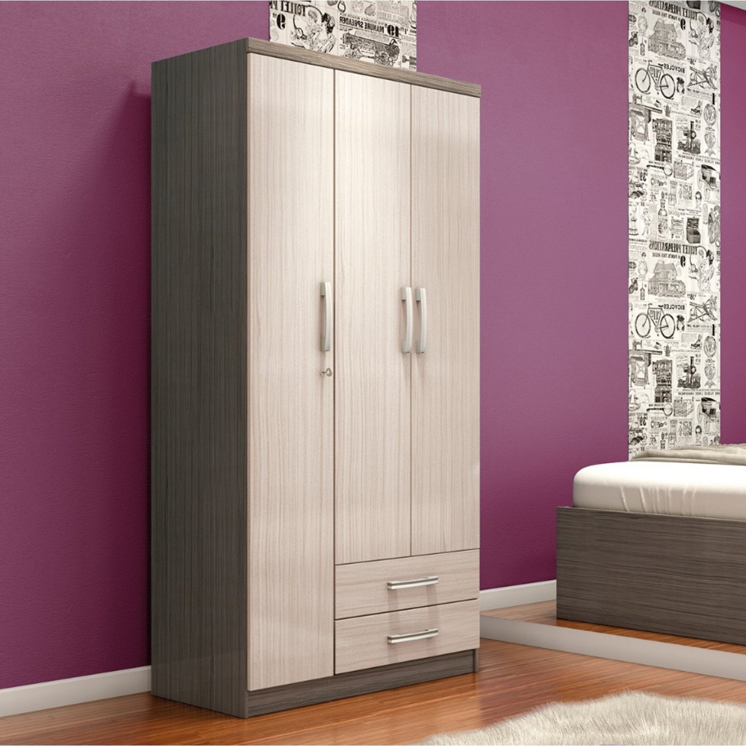 Guarda Roupa Solteiro 3 Portas 2 Gavetas Açaí Henn Gris/Palha ...