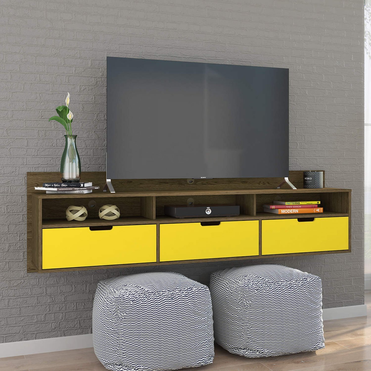 Rack Suspenso para TV até 48 Polegadas 3 Gavetas Pensil Olivar Rustik ...