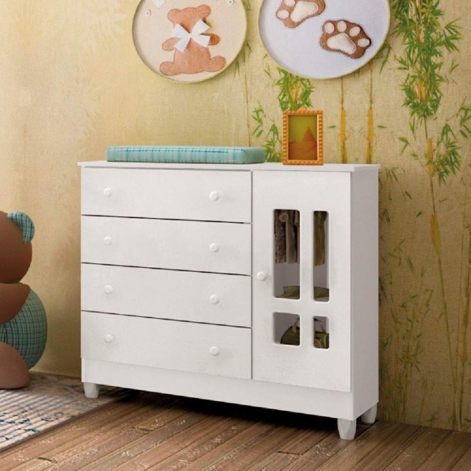 Cômoda Infantil 1 Porta 4 Gavetas Ariel Carolina Baby Branco Brilho ...