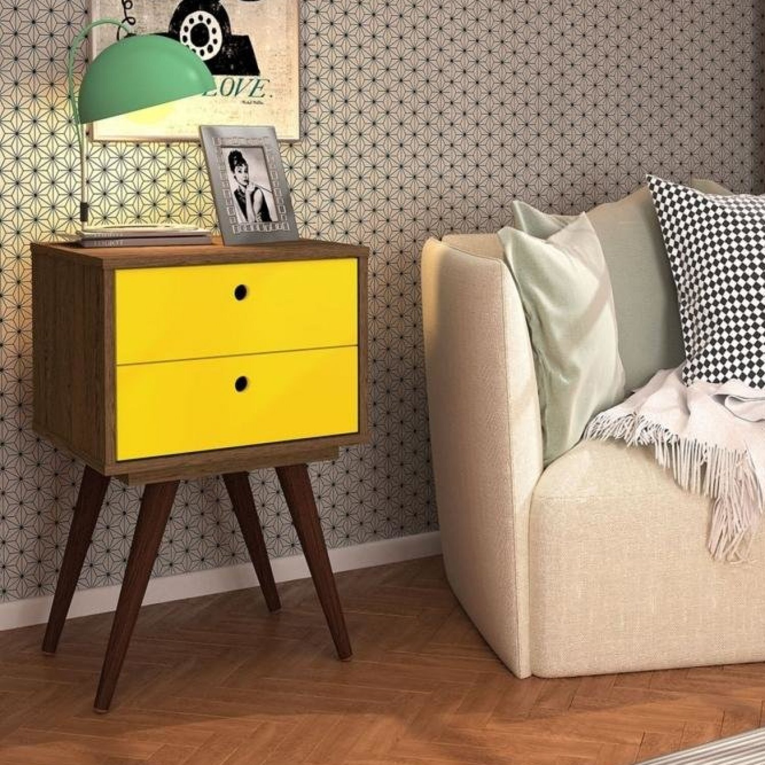 Criado Mudo 2 Gavetas Retrô 50 Olivar Rustik Carvalho/Amarelo Acetinado ...
